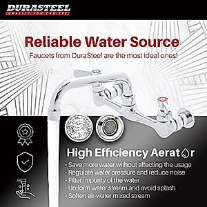 Kitchen Sink No Lead Faucet - DuraSteel 8" Center Wall Mounted Commercial Kitchen Sink Faucet with 6" Swivel Spout - NSF Certified - Dual Lever Handles - Brass Constructed & Chrome Polished