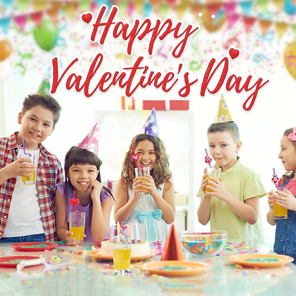 Valentines Day Party Favors Bulk 24 Drinking Straws + 30 Cards for Kids Valentine's Classroom Exchange Prizes Party Supplies with 2 PCS Cleaning Brushes