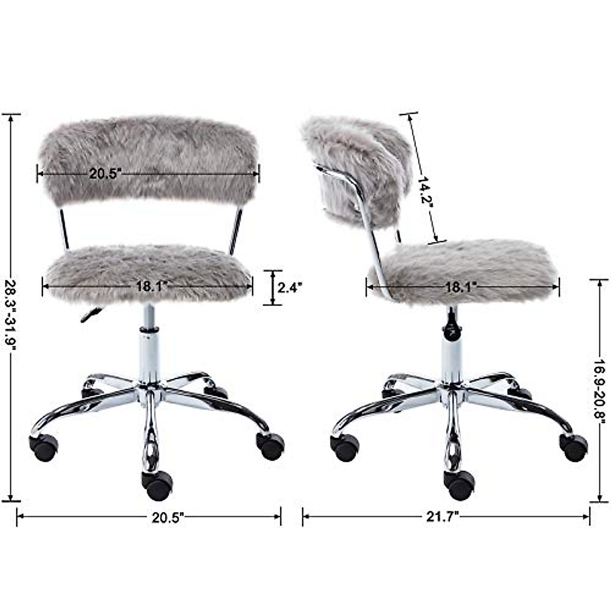 Grey Comfy Home Office Chair, Modern Cute Fluffy Armless Task Chair with Wheels, Faux Fur Upholstery
