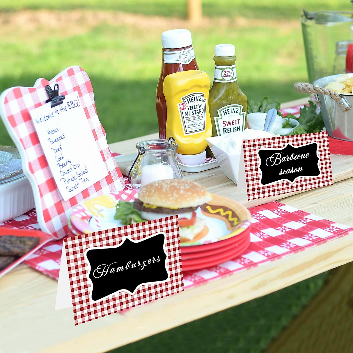 24PCS BBQ Party Decorations Place Cards for Table Setting Red Gingham Tent Cards Plaid Chalkboard Signs with Marker Picnic BBQ Decorations Food Labels for Party Buffet Birthday Baby Shower Party