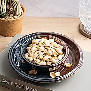 Pistachio Bowl, Double Dish Holder Bowl Pedestal and Sunflower Seed Nut Bowl with Shell Storage Chip and Dip Dipping Bowl, Veggies, Nuts, Guacamole, Cheese or Pita Tray - Party Platter 8"W & 2"H