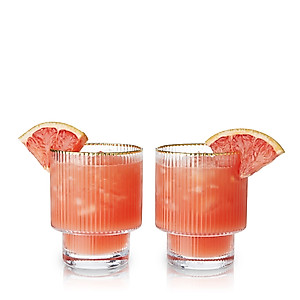 TRUE Viski Meridian Lowball Glasses Set of 2 - Premium Crystal Clear Vintage Drinking Tumblers for Whiskey, Scotch & Bourbon in Art Deco Ripple Glassware Design, Gold Rimmed Gift Set, 12 oz.