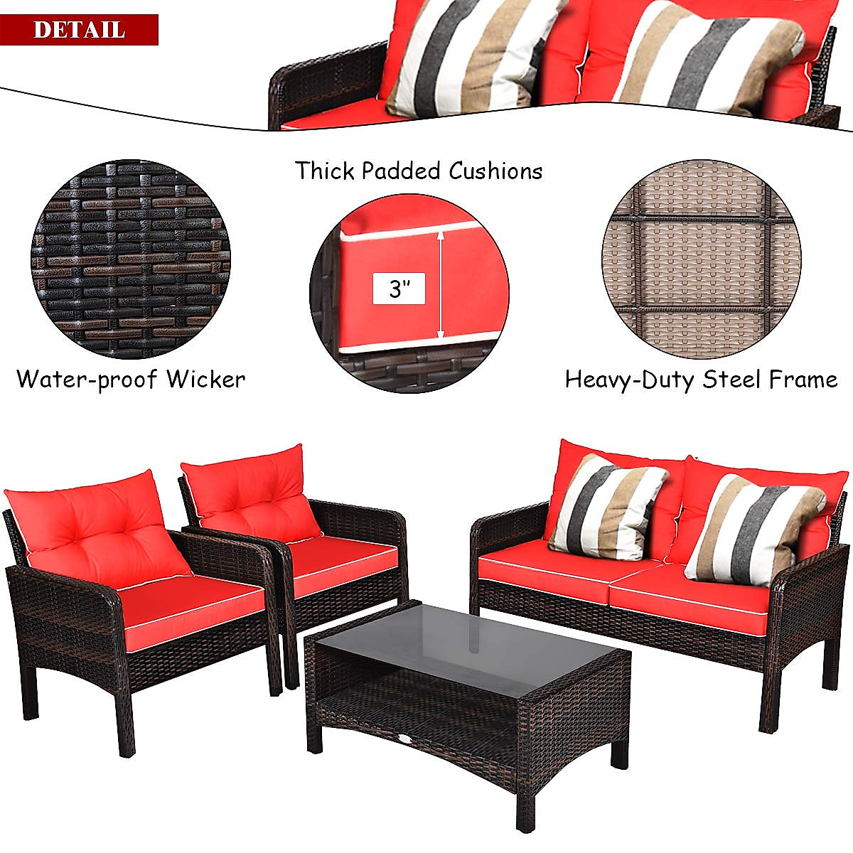 Tangkula 4 Piece Patio Furniture Set, Outdoor Wicker Conversation Set with Glass Top Coffee Table, All Weather Proof and Thick Cushions, Suitable for Porch, Garden, Poolside and Lawn (Red)