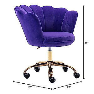 ZOBIDO Comfy Home Office Task Chair with Wheels, Cute Modern Upholstered Velvet Seashell Back Adjustable Swivel Vanity Desk Chair, for Women, for Girls, Living Room(Purple)