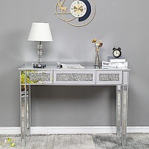 Karl home Mirrored Desk with 3 Drawers Silver Console Table Mirror Sofa Table with Crystal Inlay Front for Living Room, Entryway, Foyer, 42 Inch