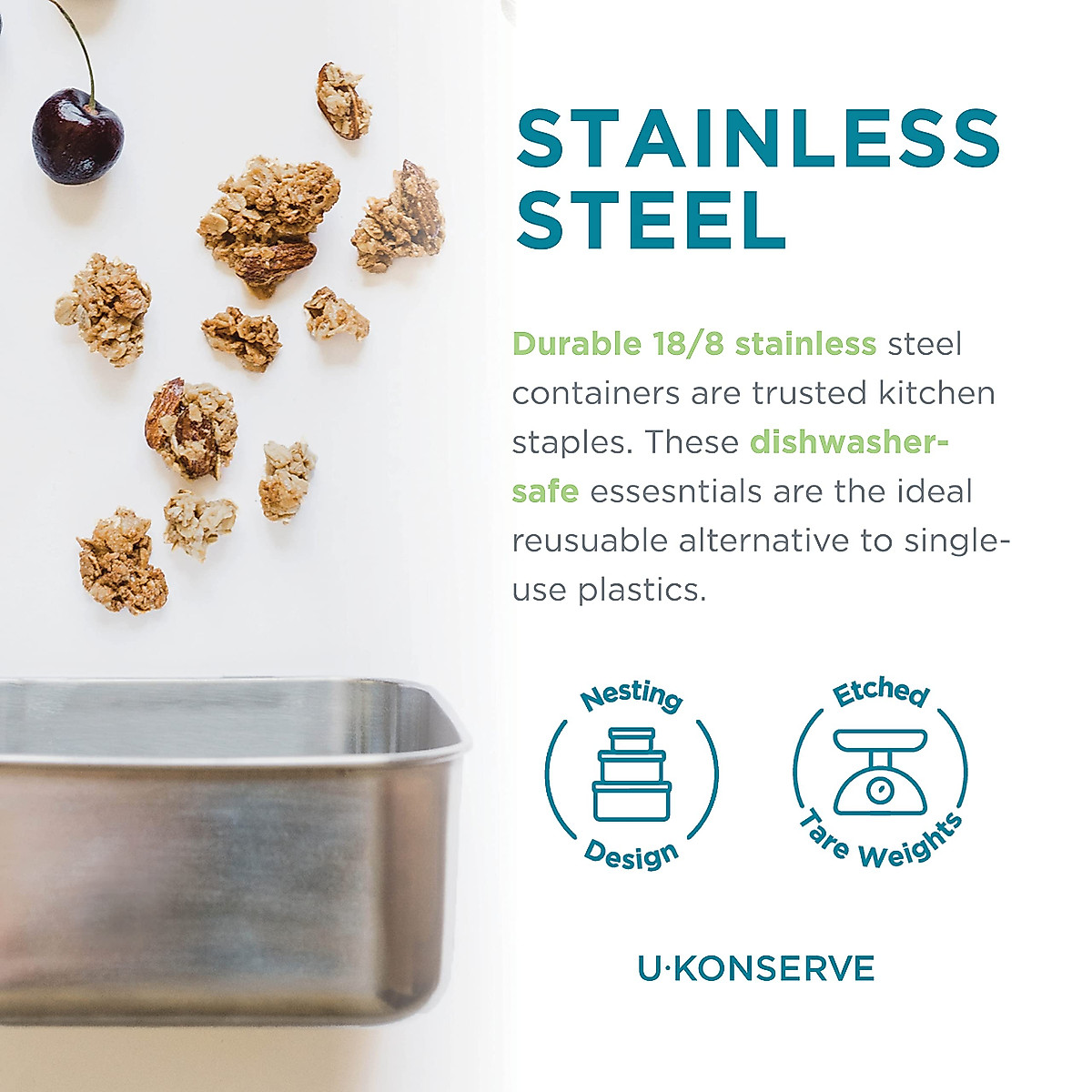 U Konserve Stainless Steel Rectangle Food Storage Bento Box Container, Leak Proof Silicone Lid Dishwasher Safe - Plastic Free, (45oz Clear)