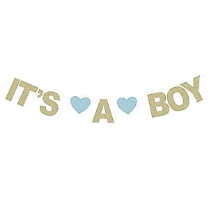 Glittery IT'S A BOY Banner for Gender Reveal Party Baby Shower Supply Boy Birthday Decorations Paper Sign - Gold and Blue Hearts