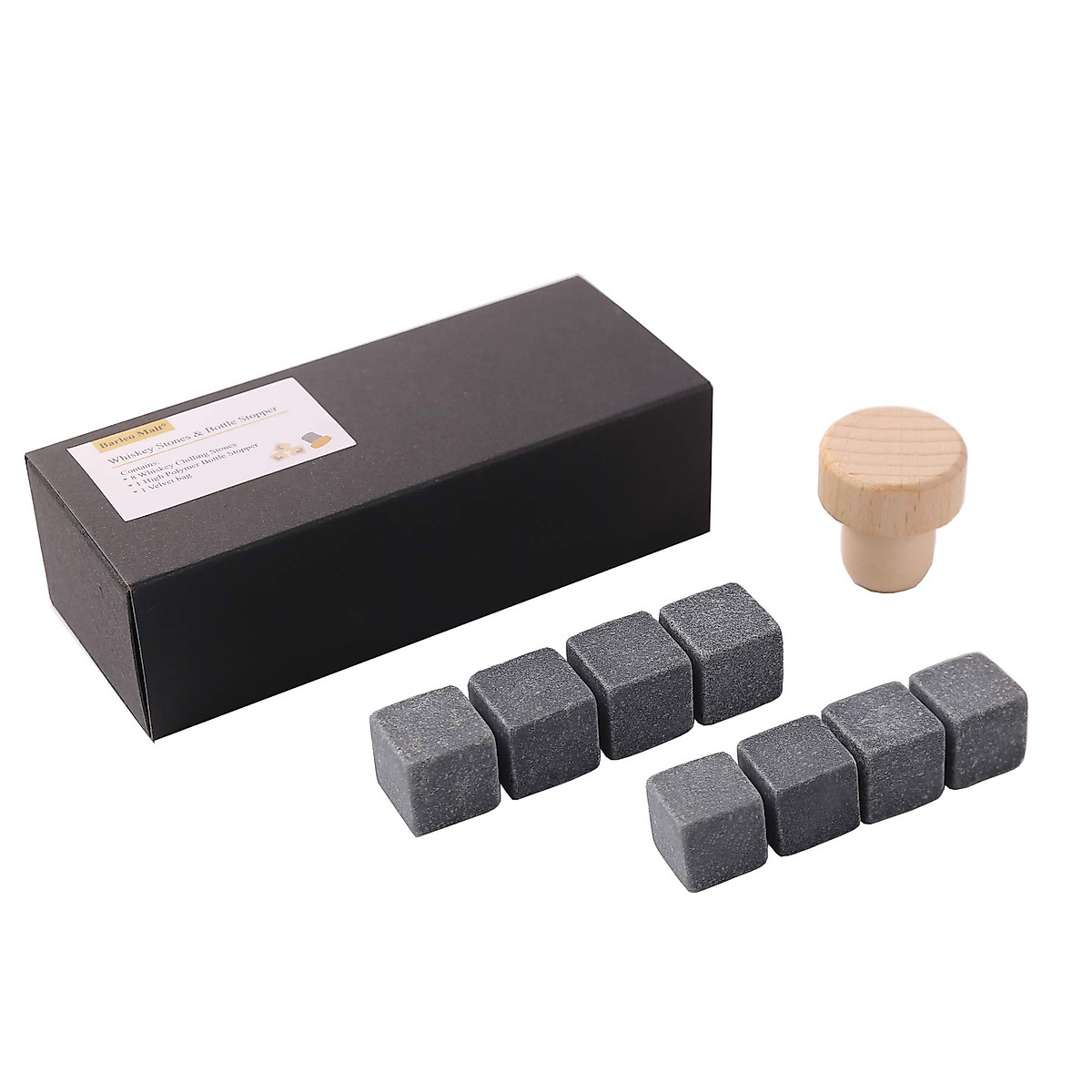 Whiskey Stones and Bottle Stopper Set, Pack of 8 Whiskey Drinking Stones to Chiling Whiskey, Polymer Stopper for Standard Spirit, Wine Bottles, Gift Pack for Christmas, Birthday - Barleo Malt°