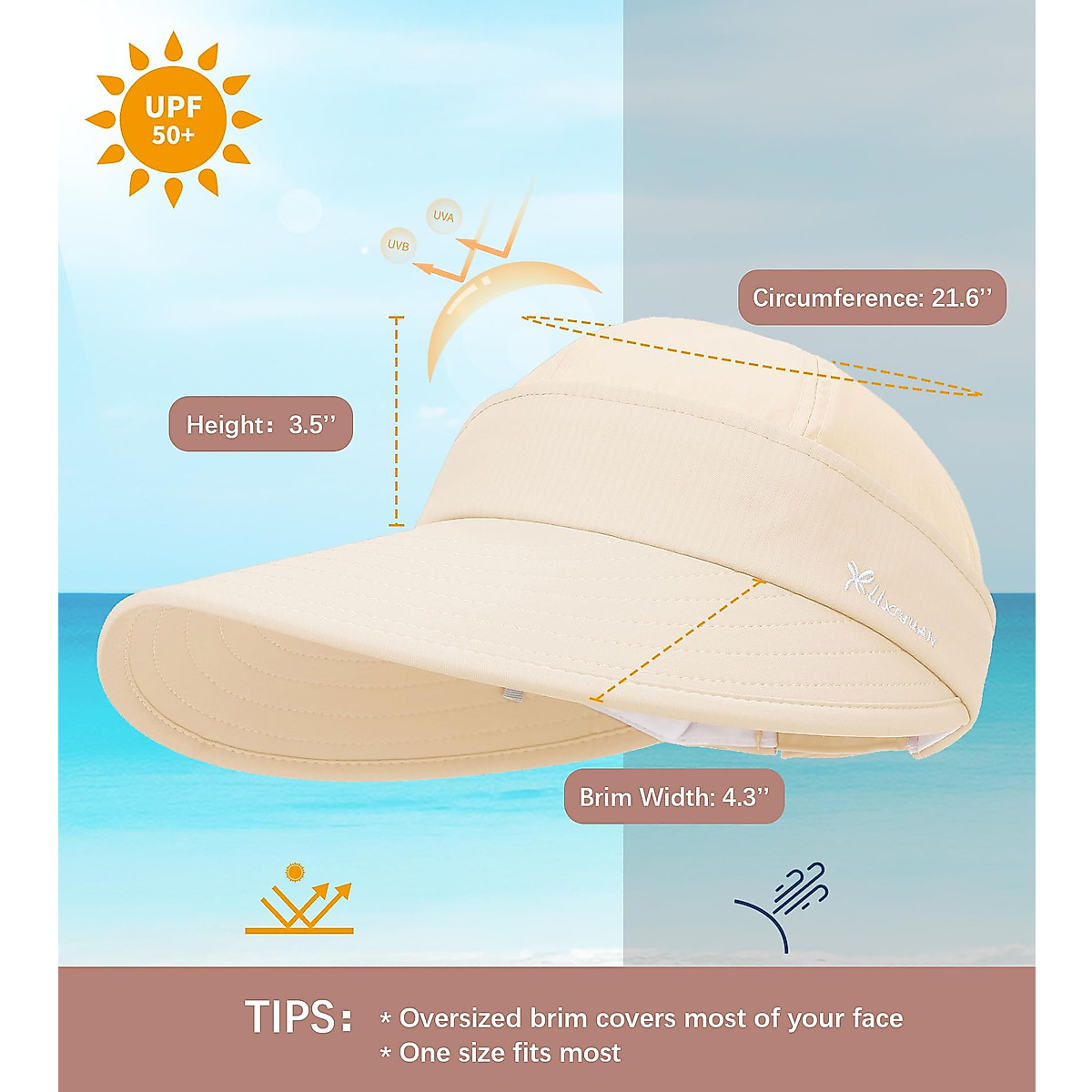 Durio Wide Brim Summer Beach Hats for Women 2024 UPF 50+ Sun Hat 2 in 1 Visors for Women Foldable Zip-Off Visor with Wind Strap Packable Womens Sun Hat Safari Fishing Gardening Beige One Size