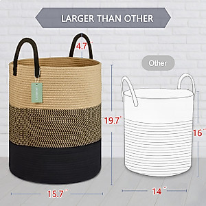 BOSROTY Nursery Hamper, Large Blanket Basket, Tall Laundry Basket 65L, Laundry Hamper, Clothes Basket Laundry, Large Storage Basket, Cotton Rope Basket, Toy Basket, 16”x 20”, Brown & Black