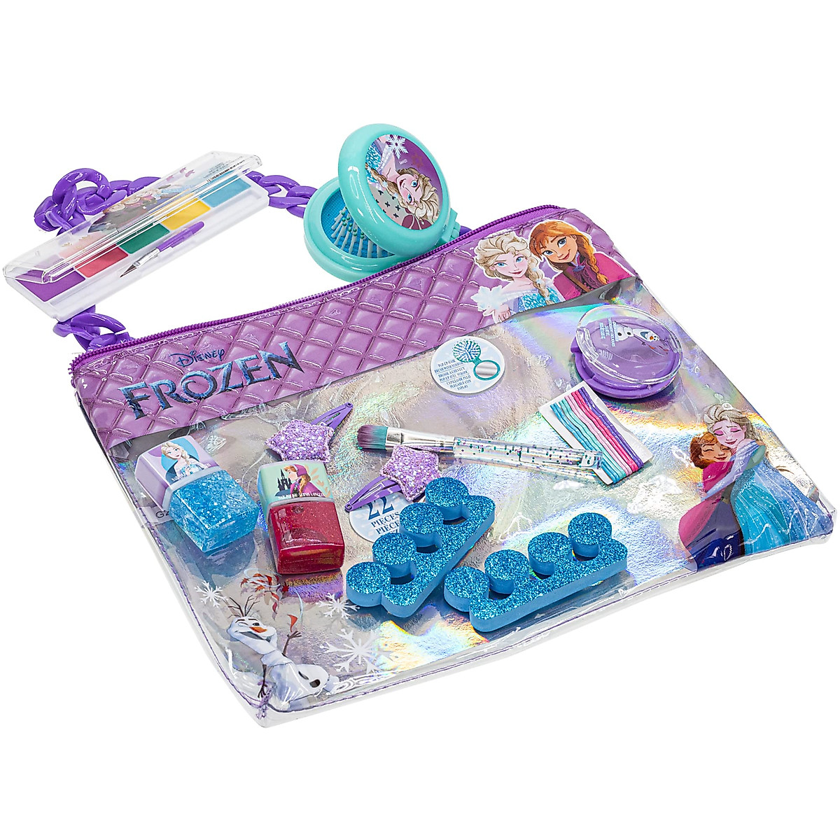 Disney Frozen - Townley Girl Fashion Chain Bag with Peel- Off Nail Polish, Eyeshadow, Hair Accessories, Hair Brush and More, with Rainbow Chain for Girls, Ages 3+