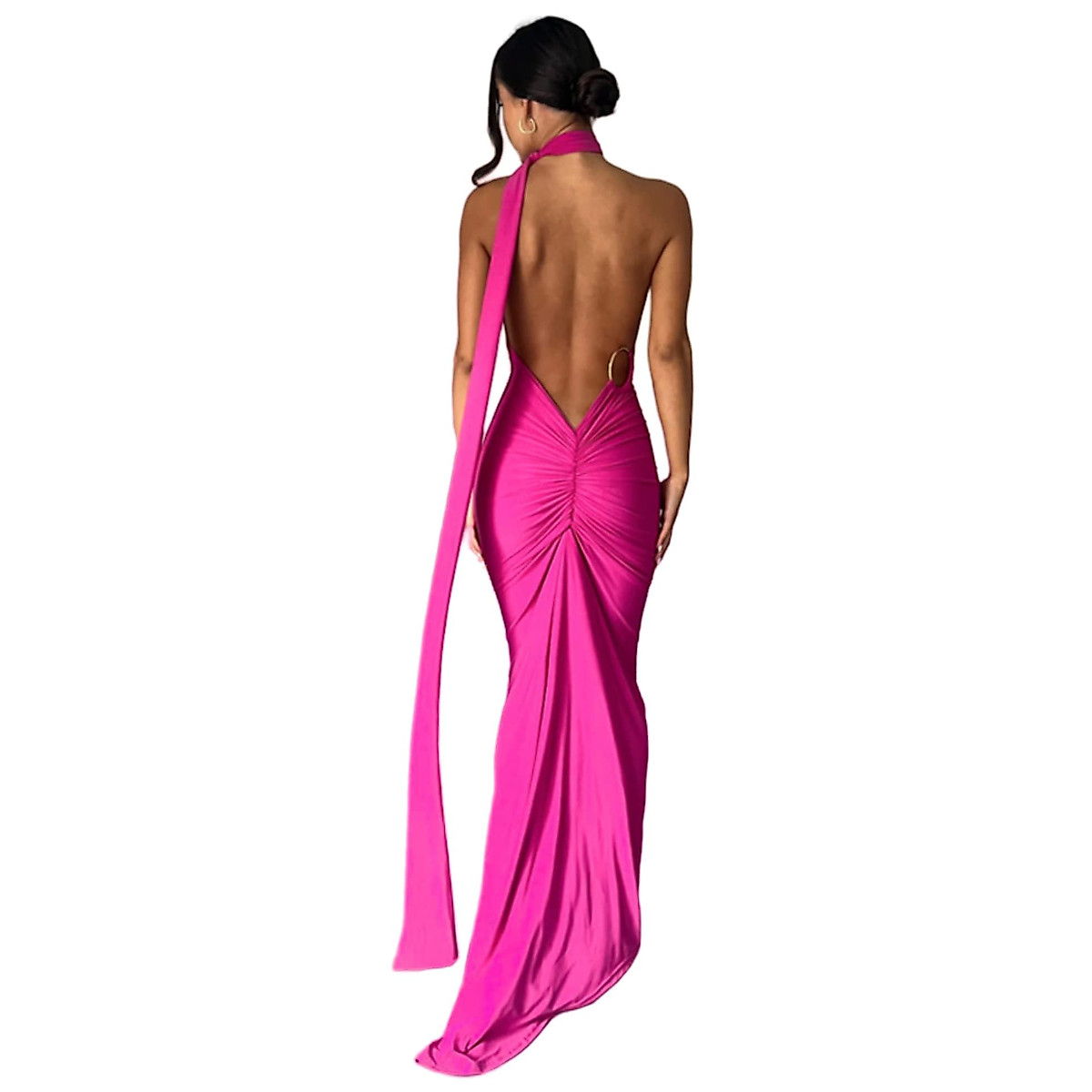 Women's Sexy One Shoulder Backless Maxi Dress Elegant Ruched O Ring Sleeveless Evening Dress Long Gown Cocktail Dress Hot Pink