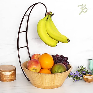 Totally Bamboo Fruit Basket Bowl with Banana Holder Hanging Hook, Bamboo Wood Fruit Bowl for Kitchen Counter