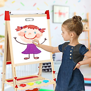 Kids Wooden Easel with Paper Roll, Fixget Upgrade Double-Sided Whiteboard & Chalkboard Standing Easel, Art Easel with Numbers Magnetic Accessories Art and Craft Set Painting Drawing Gifts for Toddler