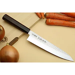Yoshihiro Super Blue Steel Stainless Clad Hammered Gyuto Chefs Knife Rosewood Handle (8.25"(210mm) & Saya)