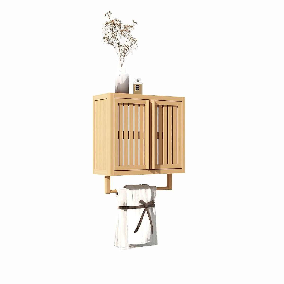 ALYIAMXL Bathroom Wall Cabinet with Towel Bar Bamboo Medicine Cabinet with Doors and Adjustable Shelf, Over The Toilet Storage Cabinet Organizer for Bathroom Living Room Kitchen