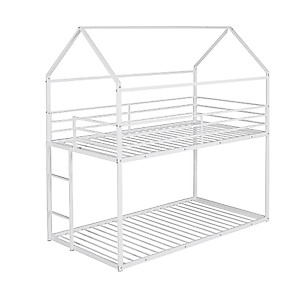 Merax Twin Over Twin House Bunk Bed, Metal Bed Frame Bunk Beds with Roof and Built-in Ladder, No Box Spring Needed, White