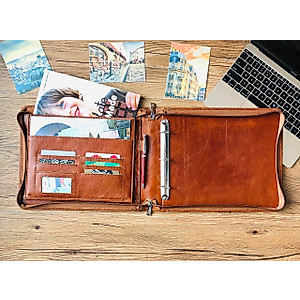 3 Ring Check Binder, Genuine Leather Check Book Portfolio for 3 Holes Checks or 9 Holes Checks, Fits 3-on-a-Page Business Checks, Check Book Binder 3 Ring for 11 1/4"x9", Oil Waxed Leather Brown