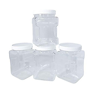 Kelkaa 32oz Clear PET Plastic Square Wide Mouth Jars with Grip Handle and White Ribbed Lined Caps, BPA Free, Multi-Use Empty Containers, Household Dried Food Canisters, Made in the USA (Pack of 4)