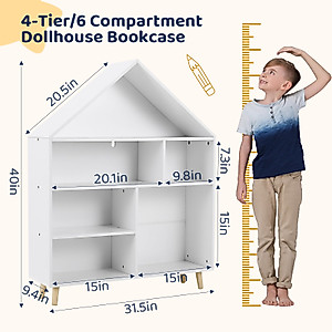 Arlopu Kids Bookshelf Toy Organizer, Wooden Dollhouse Bookcase, 6-Section Toddler Toy Storage Cabinet, Freestanding 4-Tier Display Book Shelves, for Playroom, Bedroom, Daycare, White