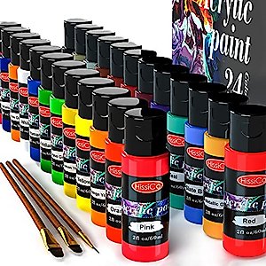 Acrylic Paint Set of 24 Colors 2fl oz 60ml Bottles with 3 Brushes,Non Toxic 24 Colors Acrylic Paint No Fading Rich Pigment for Kids Adults Artists Canvas Crafts Wood Painting