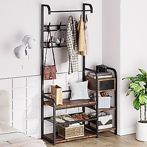IDEALHOUSE Hall Tree Storage Bench for Entryway, Coat Rack Shoe Bench with Storage Drawer, 5-in-1 Coat Rack Storage Shelf and 8 Hooks, Coat Tree for Small Spaces, Entryway, Bedroom, Rustic Brown