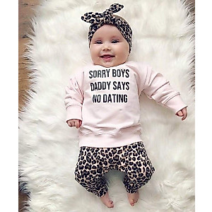 Newborn Baby Girls Clothes Daddy Saying Top Printed T-Shirt Leopard Pants+Headband Sweatshirt Outfit Set (A-Daddy Says, 0-6 Months)