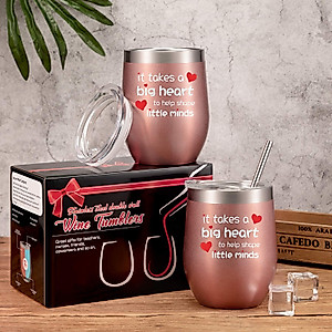2 Pack Funny Teacher Appreciation Present, It Takes a Big Heart to Shape Little Minds, 12oz Double Wall Vacuum Teacher Cup with Lid Straw, Wine Glasses Tumbler with Pretty Box for Teacher (Rose Gold)