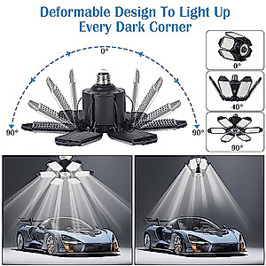 onffo LED Garage Lights, 150W Deformable LED Garage Ceiling Lights with 6 Adjustable Panels, 10000LM 6500K E26/E27 LED Shop Lights for Garage, Basement, Barn, Warehouse