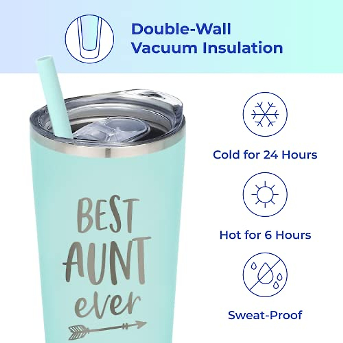 Best Aunt Ever Stainless Steel Personalized Tumbler - Insulated Cup with Cute Design - Slide Close Lid with Straw - for Pregnancy Announcements - Valentine's Day - Best Aunt Ever Gifts