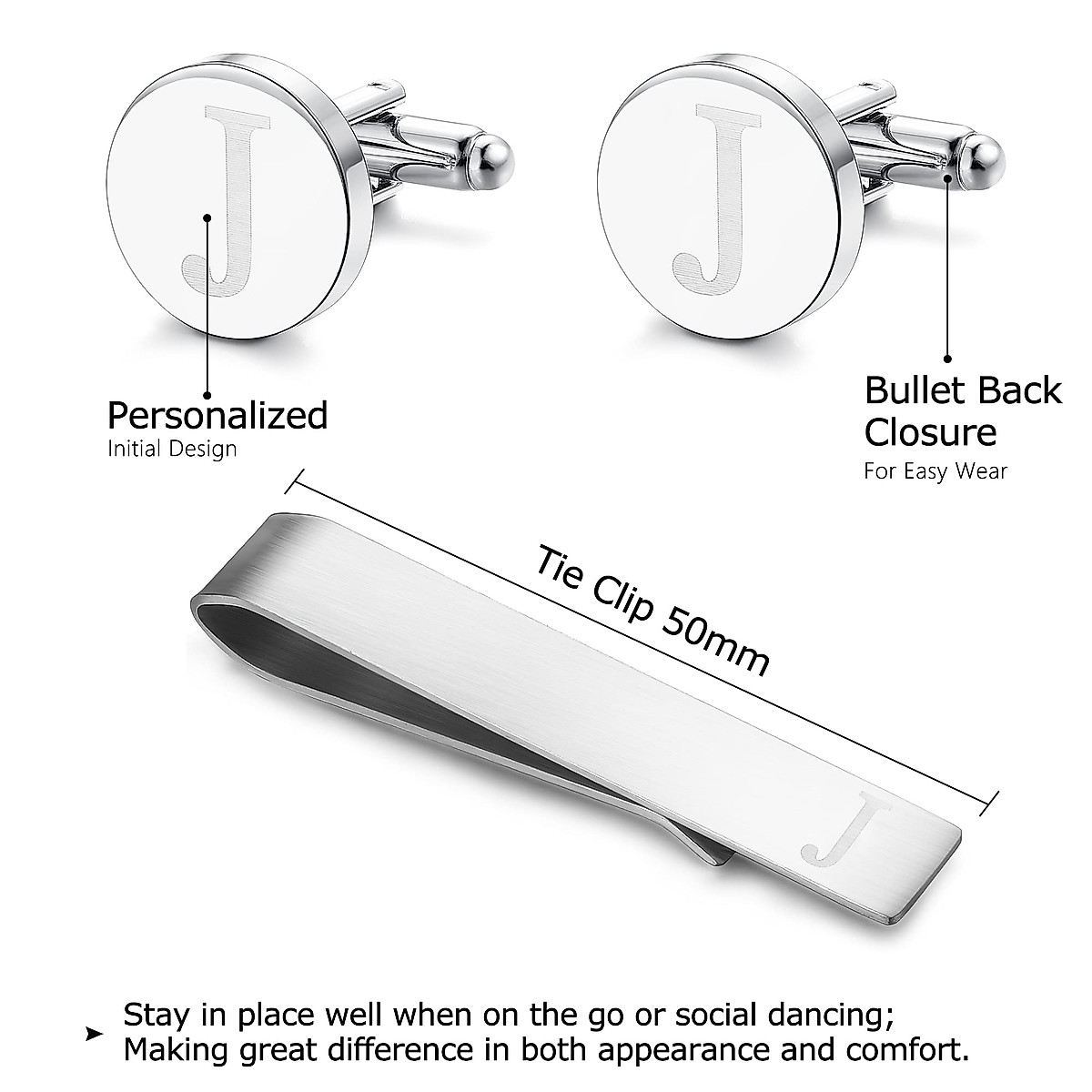 LOYALLOOK Classic Engraved Initial Cufflinks and Tie Clip Bar Set Alphabet Letter Formal Business Wedding Shirts J