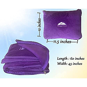 BlueHills Premium Soft Travel Blanket Pillow Value Pack Set of 2 - Airplane Flight Blanket Throw in Soft Bag with Luggage Belt Compact Pack Large Blanket for Travel Navy Blue and Purple Colors