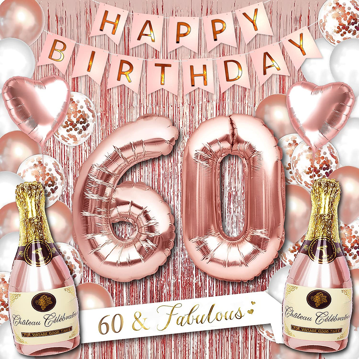 PartyForever 60th Birthday Decorations for Women Rose Gold Supplies Big Set Including Birthday Banner with 60 and Fabulous Sash for Her Sixty Bday Theme Party Decor