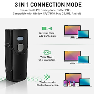 2D Barcode Scanner Bluetooth, JRHC Portable 3 in 1 USB Wired & 4.2 Bluetooth & 2.4G Wireless Qr Code Scanner Mini 1D 2D PDF417 Data Matrix Bar Code Scans Work with Windows, Android, iOS, Tablets