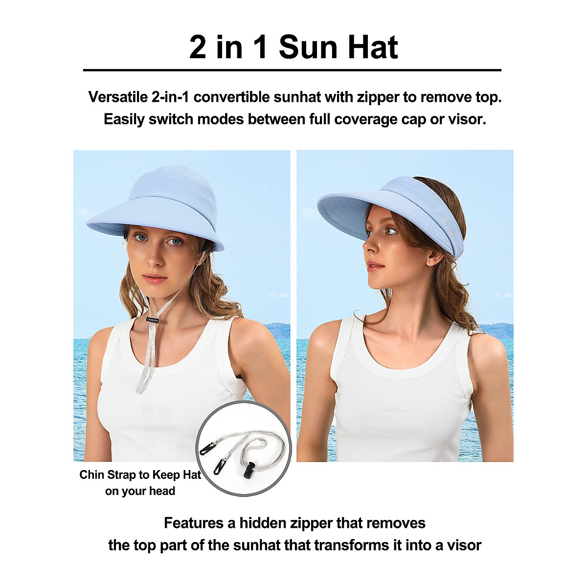 Sun Hats for Womens Wide Brim Visor UV Protection Dual Purpose Hat for Beach Summer Packable Hat(Blue)