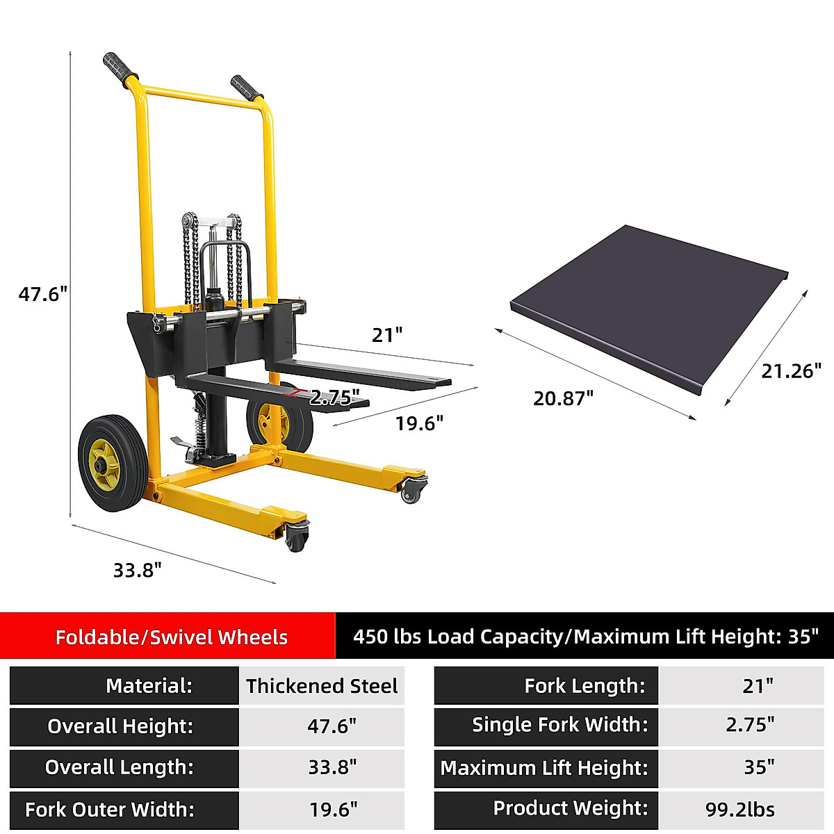 LuminaLiftCure Foldable Hydraulic Material Lift Winch Stacker with Swivel Wheels, 450lbs Pallet Forklift with 35" Lift Height, Pallet Truck Dolly, Pallet Jack Table Cart, Steel Platform Board x 1