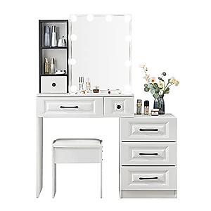 Makeup Vanity Set with Lights & Mirror, Large Vanity Table with Storage Drawers & Stool, Bedroom Dresser Desk Dressing Table for Girls Women (Elegant)