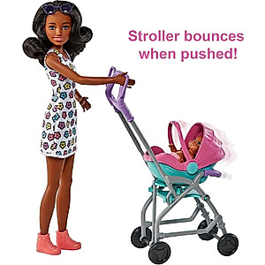 Barbie Skipper Babysitters Inc Playset with Brunette Doll, Stroller, Baby Doll & 5 Accessories, Remove Stroller Seat for Carrier