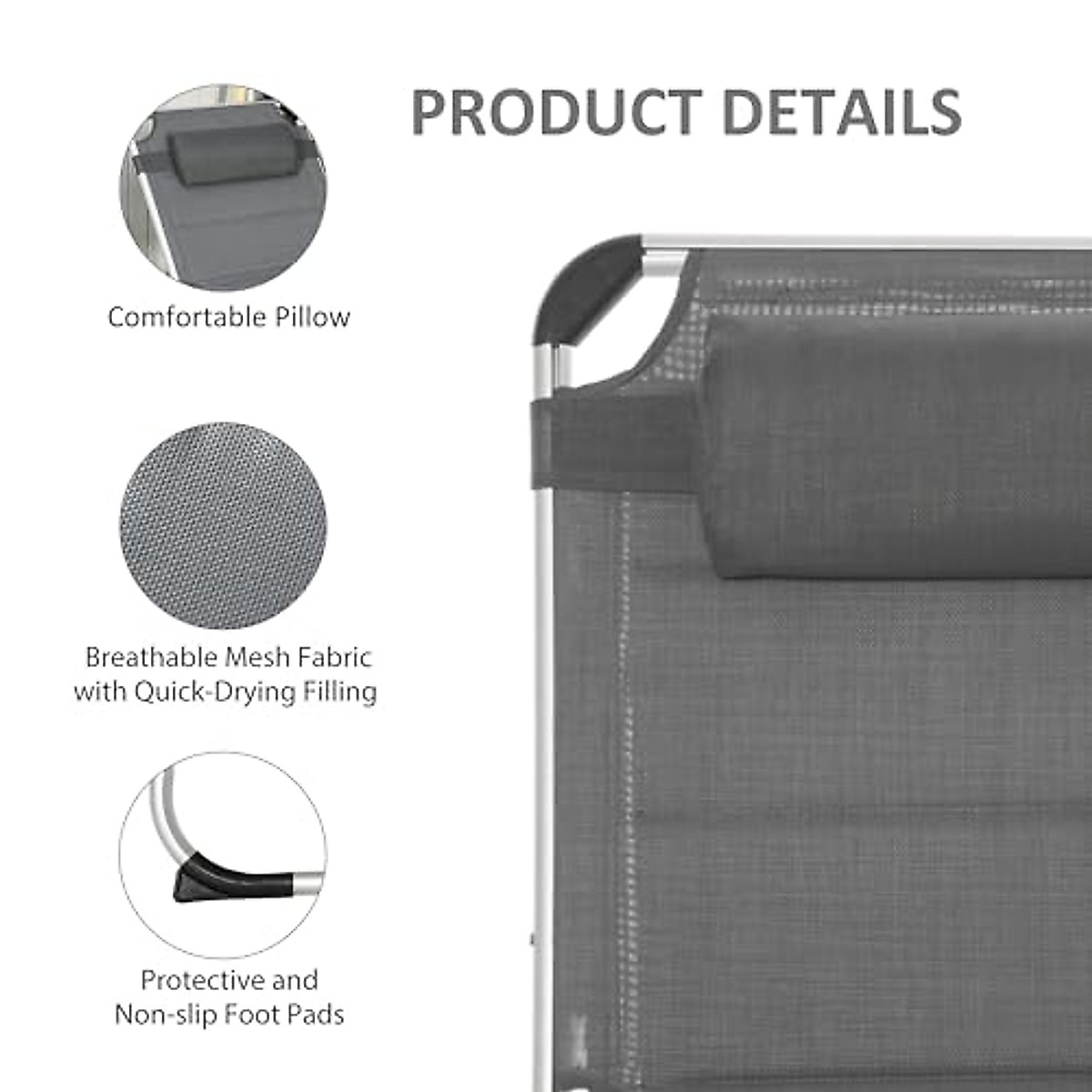 Outsunny Foldable Outdoor Chaise Lounge Chair, 5-Level Reclining Camping Tanning Chair with Aluminum Frame, Padding, and Headrest for Beach, Yard, Patio, Pool, Gray