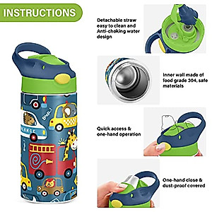 Kigai Funny Cartoon Car Kids Insulated Water Bottle with Straw - Stainless Steel Travel Tumbler Double Wall Vacuum Leak Proof Kids Cup Hot for School Boys Girls