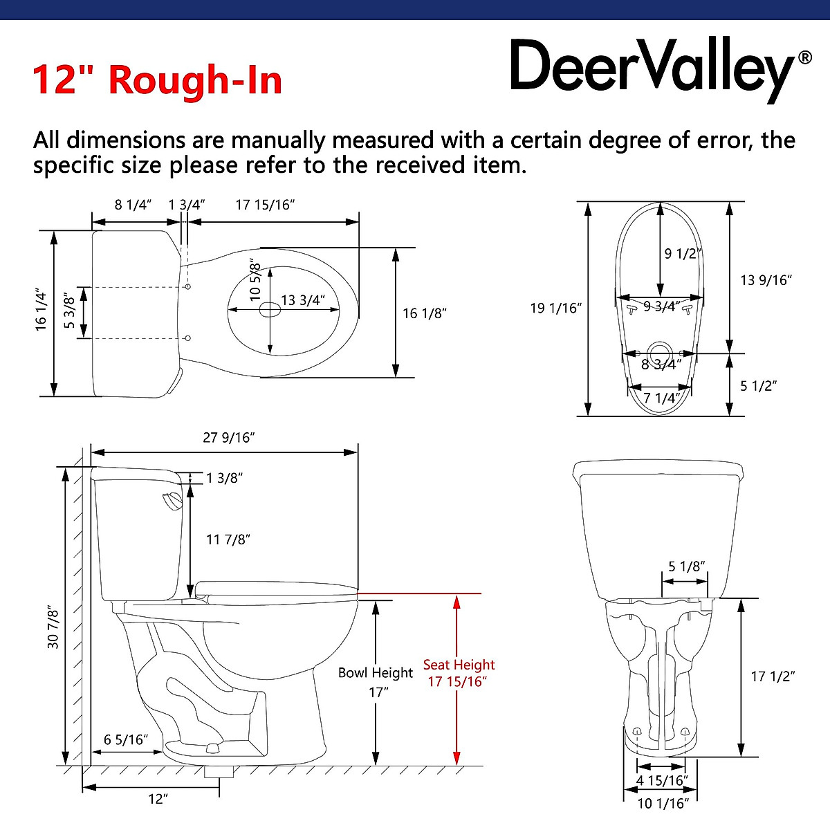 DeerValley DV-2F52531 Dynasty Two-Piece Elongated Toilet 1.28 GPF Siphonic Flush White ADA Comfort Height Bathroom Toilet (Toilet Seat Included)(Water Efficient)
