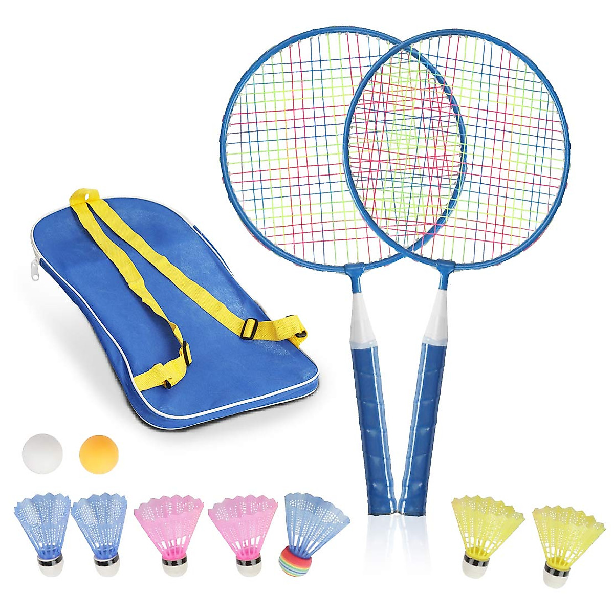 Badminton Rackets for Children,12 in 1 Shuttlecocks Racquet Sports Set w/Lightweight Carrying Bag for Kids Professionals Beginner Players Indoor Outdoor Sport Game (BLUE-01)