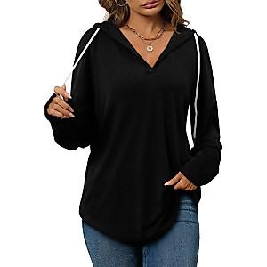 Hooded Sweatshirt Women Casual Oversized Long Sleeve Shirts V Neck Sweaters Loose Fit Lightweight Fall Outfits Black M