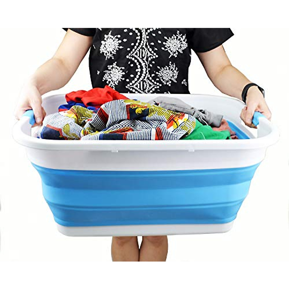 SAMMART 41L(10.8 Gallon) Collapsible Plastic Laundry Basket-Foldable Pop Up Storage Container-Portable Washing Tub-Space Saving Hamper/Basket, Water Capacity: 32L (8.4 Gallon) (2, White/Marine Blue)