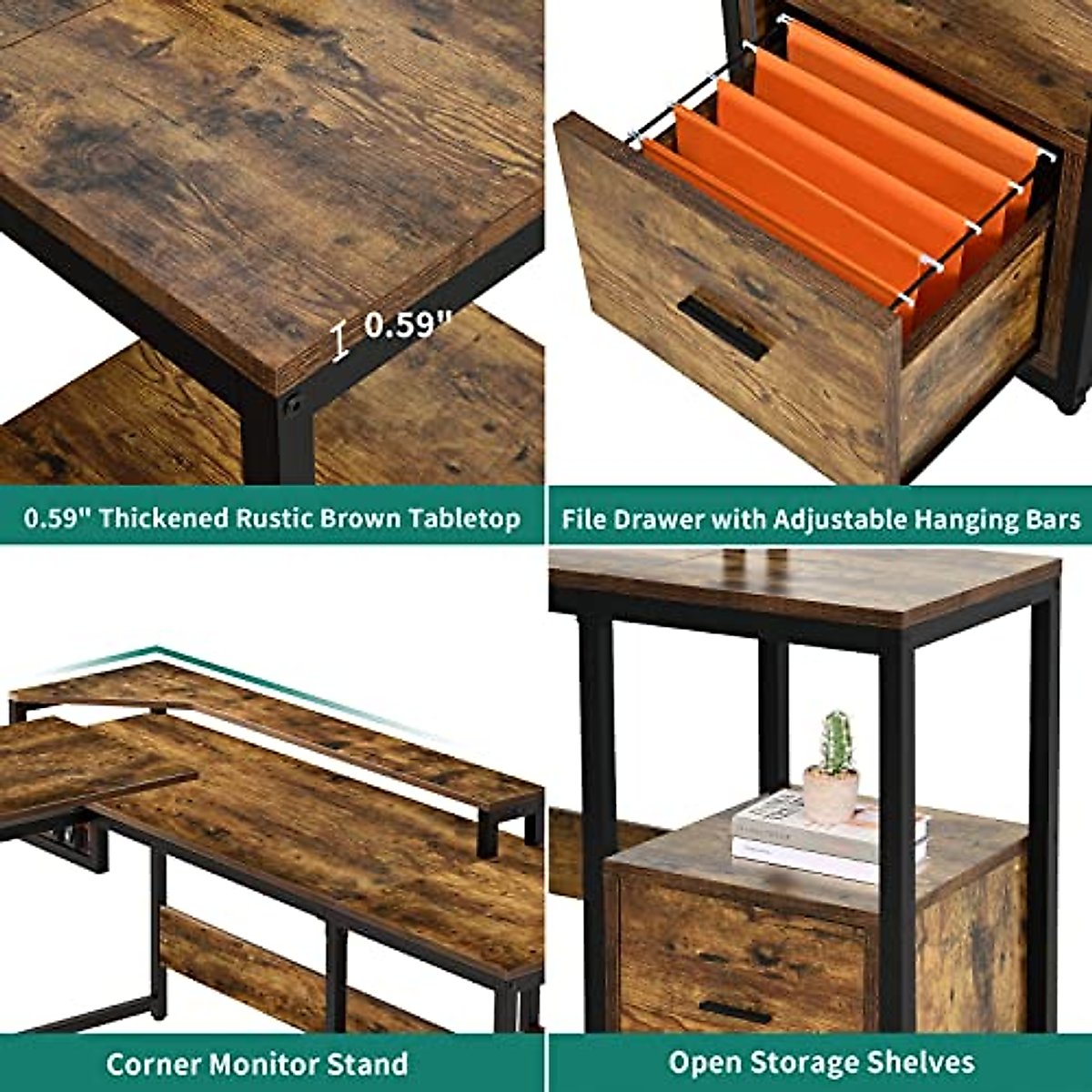 YITAHOME L Shaped Desk with File Drawer, 65" Large Computer Desk Corner Desk with Lift Top, Standing Desk Height Adjustable with Monitor Stand & Storage Shelves for Home Office, Rustic Brown
