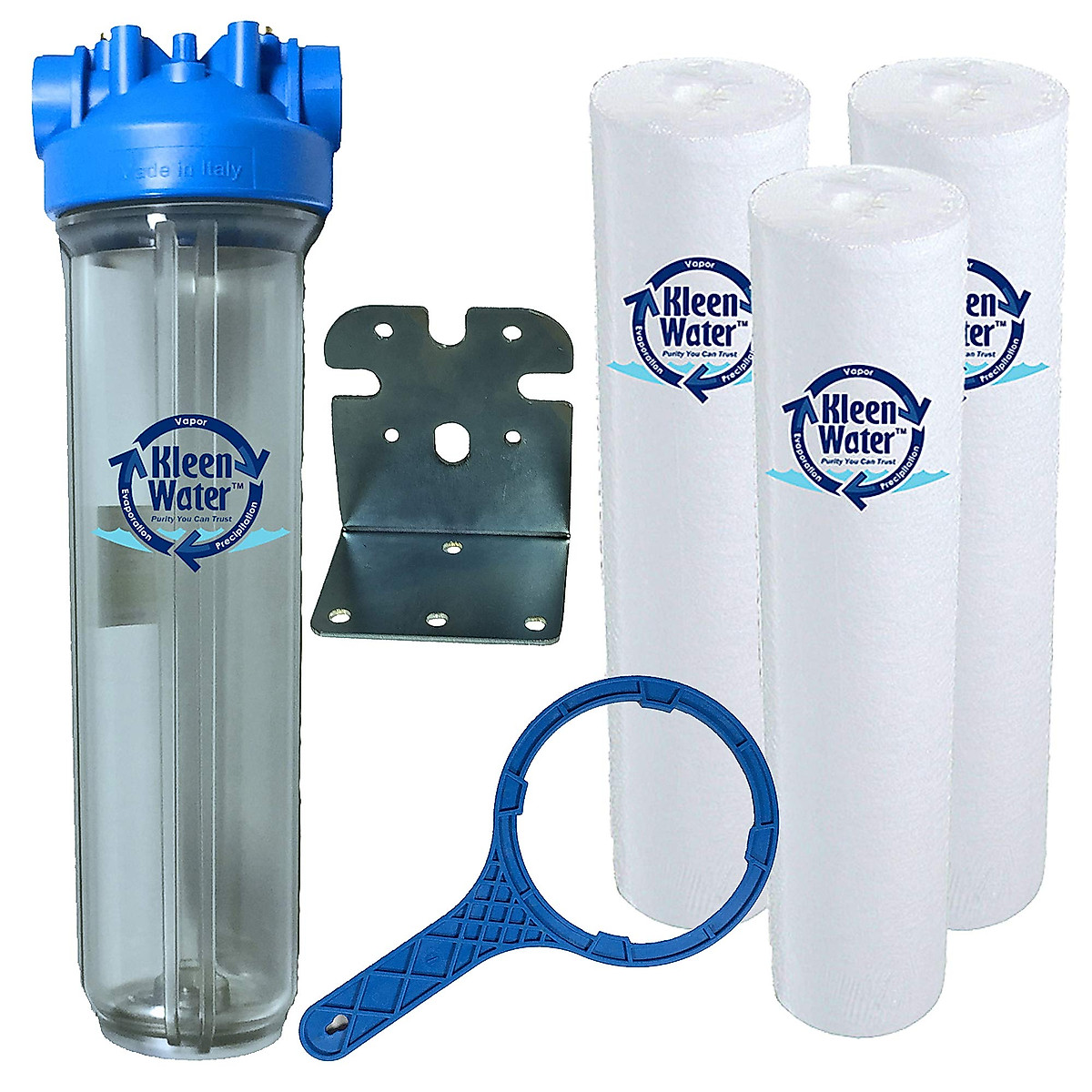 KleenWater Premier 4520 Water Filter System - Transparent (Clear) Housing - 3/4 Inch Inlet/Outlet - 40 GPM with Bracket, Wrench and Three KW4520G Meltblown 5 Micron Sediment Cartridges