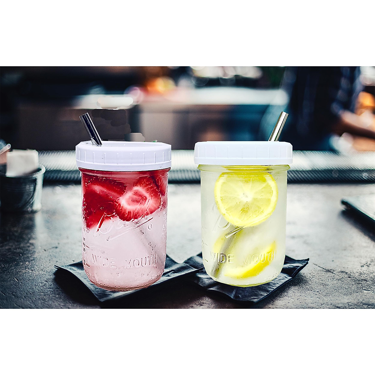 Jarming Collections Travel Glass Reusable Smoothie Cups with Lids and Straws - Glass Smoothie - Mason Jar with Lid and Straw, Freezer Safe Smoothie Wide Mouth Mason Jar Drinking Glasses, (2, 16oz)