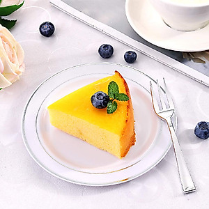 bUCLA 100Pieces Silver Plastic Plates -6.25inch Disposable Salad/Dessert Plates- White with Silver Rim Premium Hard Plastic Appetizer Plates/Small Cake Plates for Weddings,Parties&Christmas