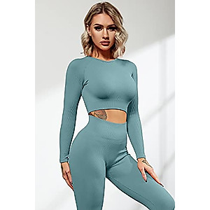 QINSEN Women's Winter Yoga Leggings 2 Piece Outfit Ribbed Seamless Long Sleeve Crop Top Sport Shirt Sets Tracksuit Blue M