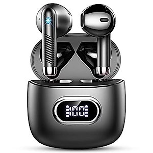 Wasart Wireless Earbud, Bluetooth 5.3 Headphones with 4 ENC Mics, 32H Bluetooth Earphones with Dual LED Display, Wireless Headphones in Ear IP7 Waterproof Bass, Ear Buds Noise Cancelling, USB-C, Black